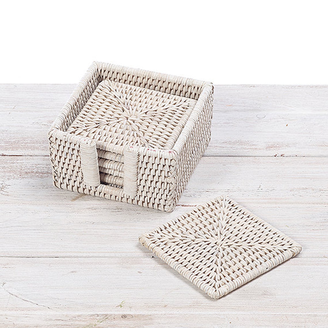 URU Rattan Square Coasters - Set of 6 With Holder by 12cmx 12cm X 6cm ...
