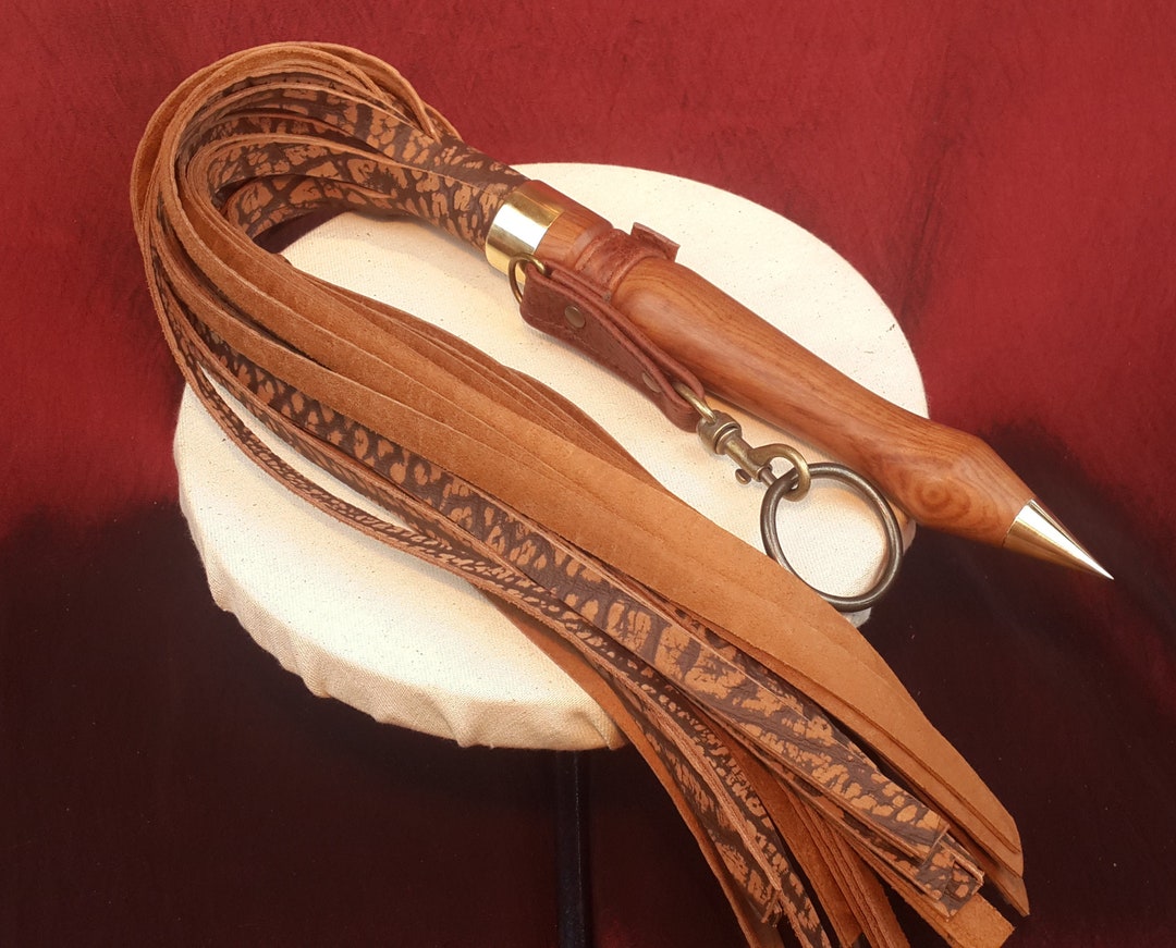 Buffalo Leather Flogger With Mopani Hard Wood Handle Detail and Brass ...