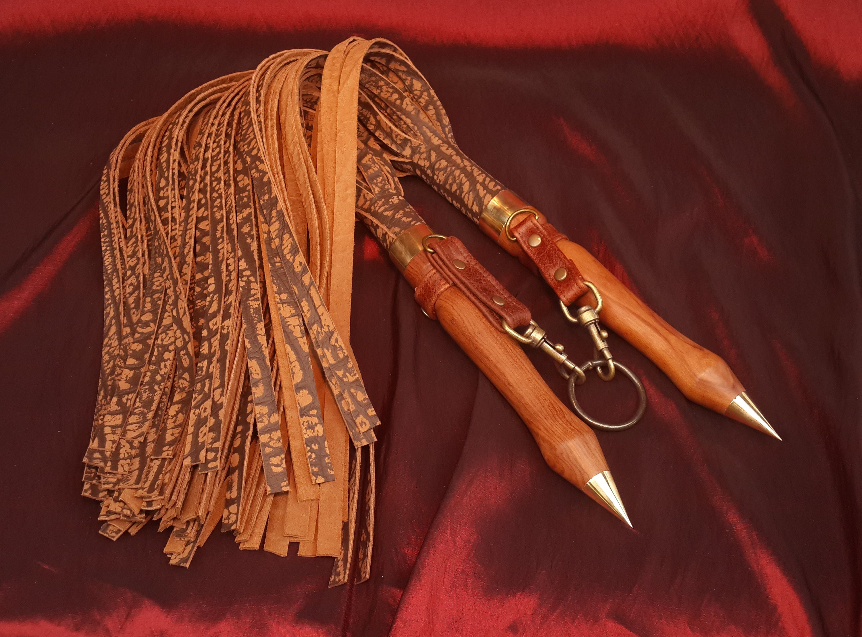 Buffalo Leather Flogger With Mopani Hard Wood Handle Detail and Brass ...