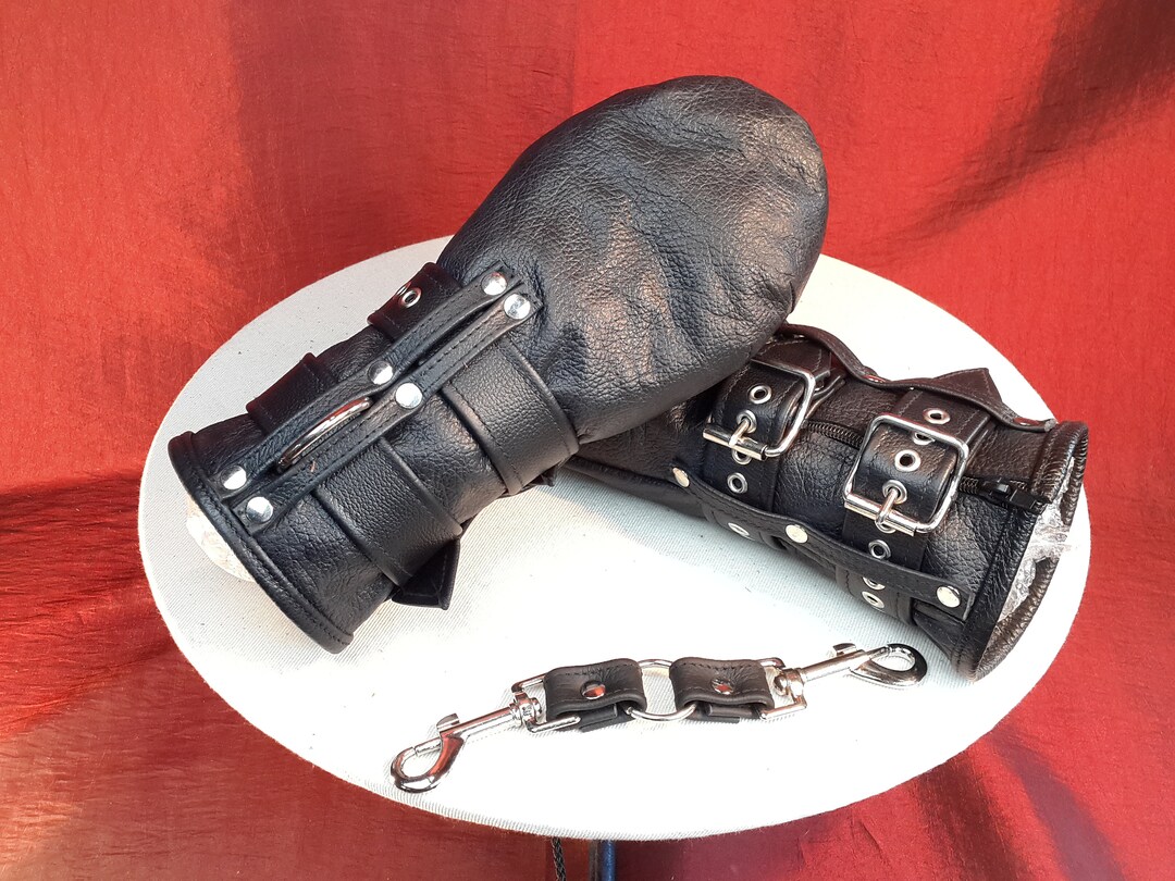 Fist Mitten Set With Double Black Leather Wrist Belts. - Etsy