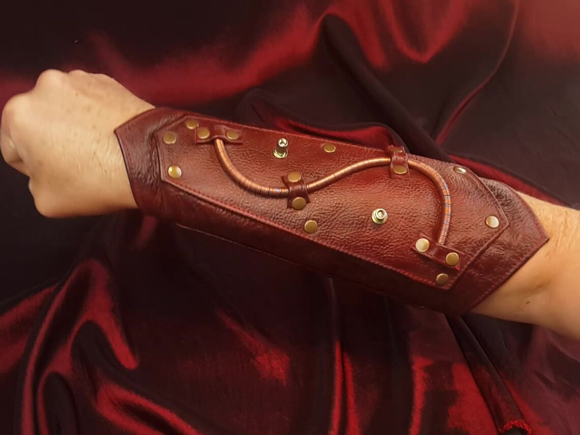 Steampunk Arm Gauntlet in Red & Brown Leather Laces. Arm Bracers. - Etsy