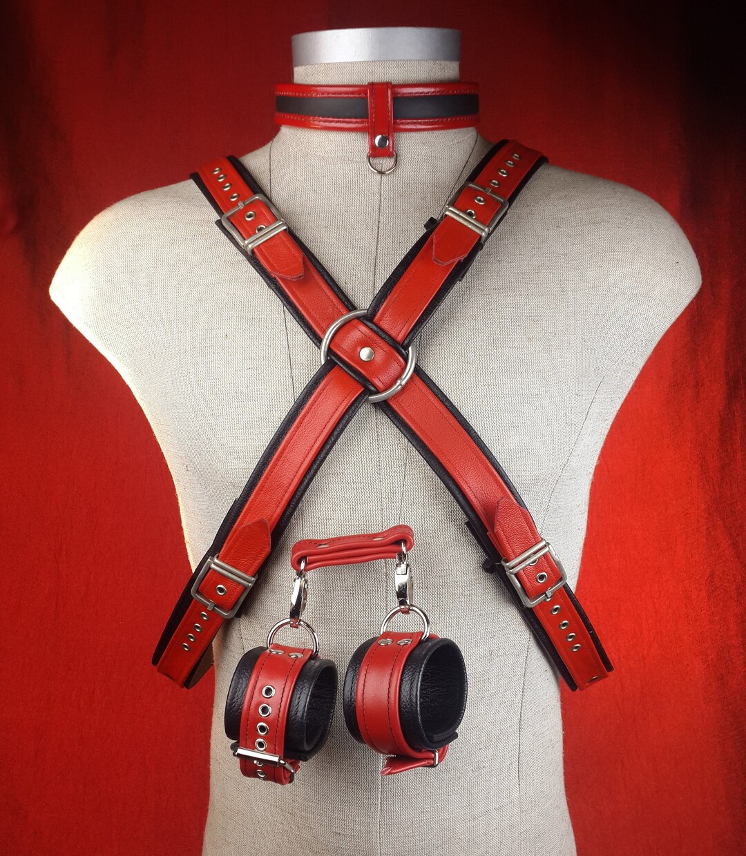 Leather X Chest Harness With Collar and Wrist Cuff Set in Red & Black ...