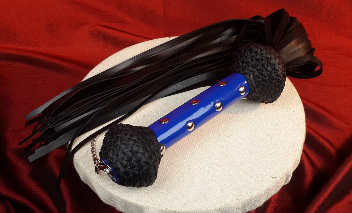 Black Rubber Stingy Flogger With Bright Blue Handle Detail | Etsy