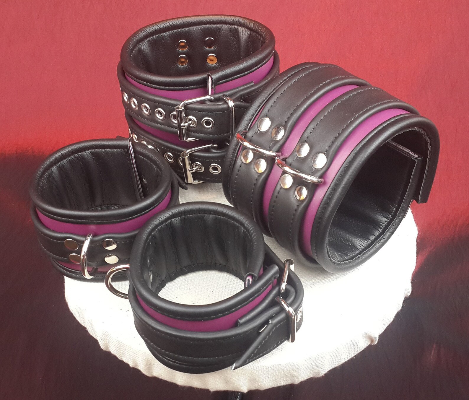 Wrist and Ankle Cuff Set in Black Leather With Purple Vinyl Inlay ...