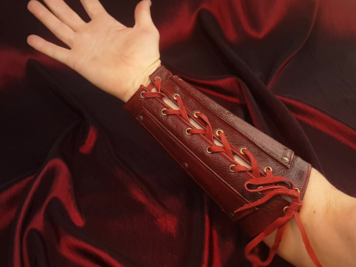 Steampunk Arm Gauntlet in Red & Brown Leather Laces. Arm Bracers. - Etsy