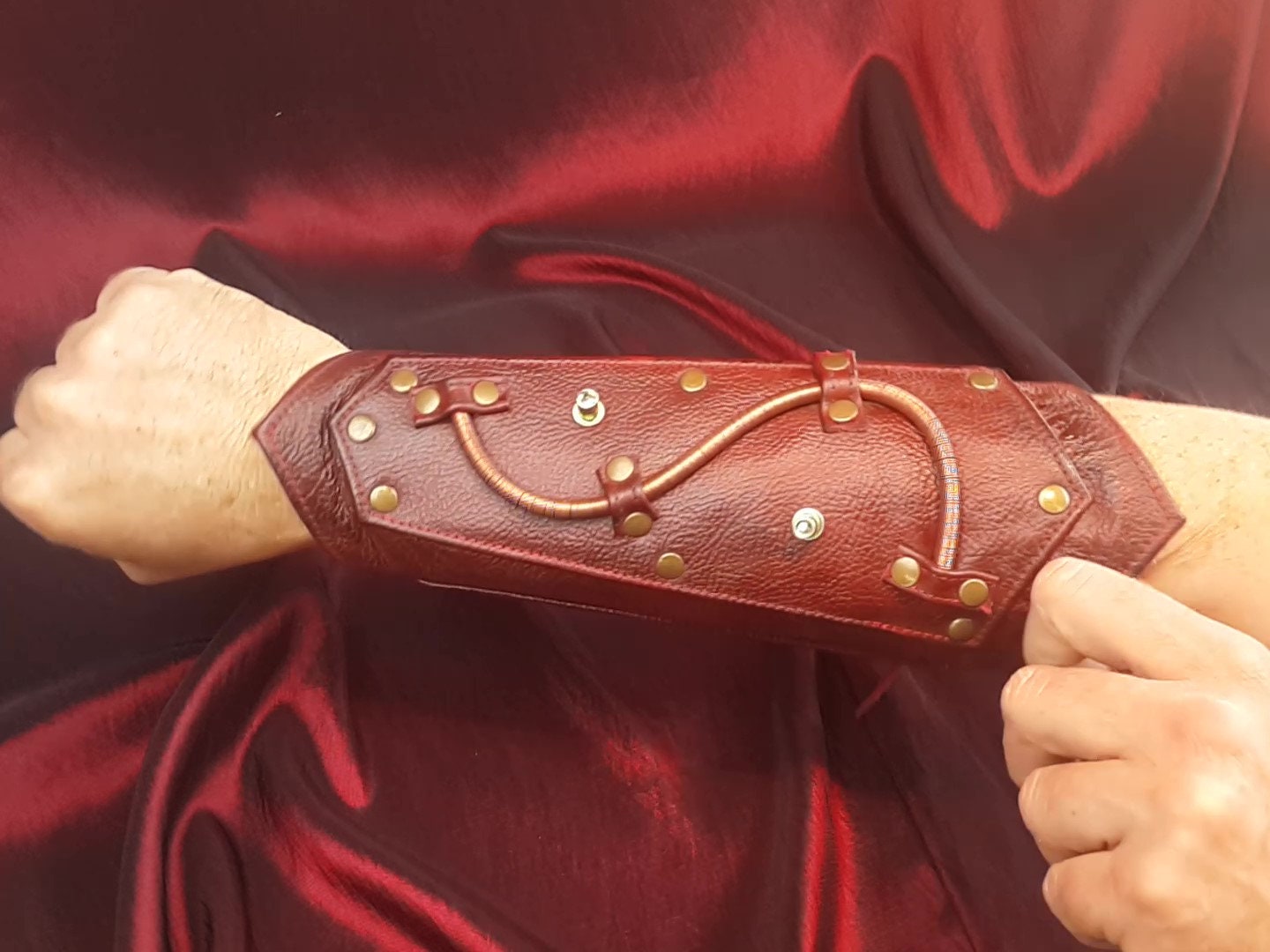 Steampunk Arm Gauntlet in Red & Brown Leather Laces. Arm Bracers. - Etsy