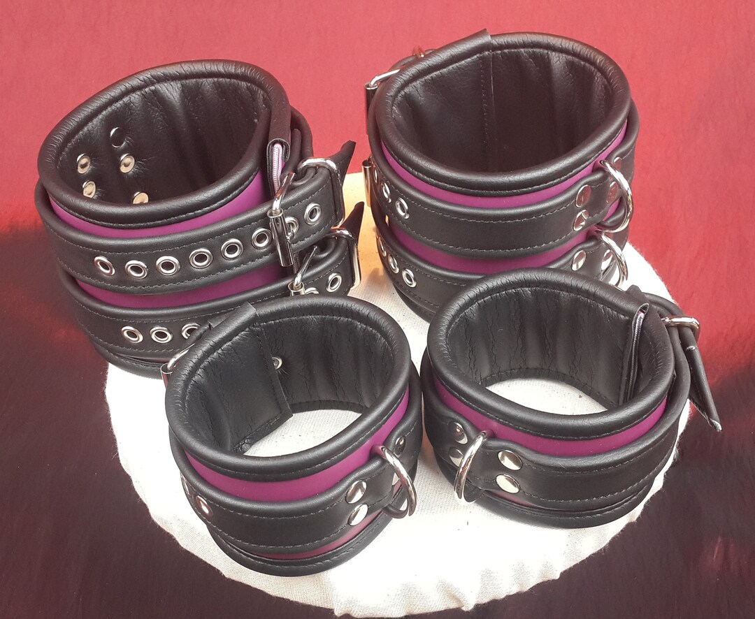 Wrist and Ankle Cuff Set in Black Leather With Purple Vinyl Inlay ...