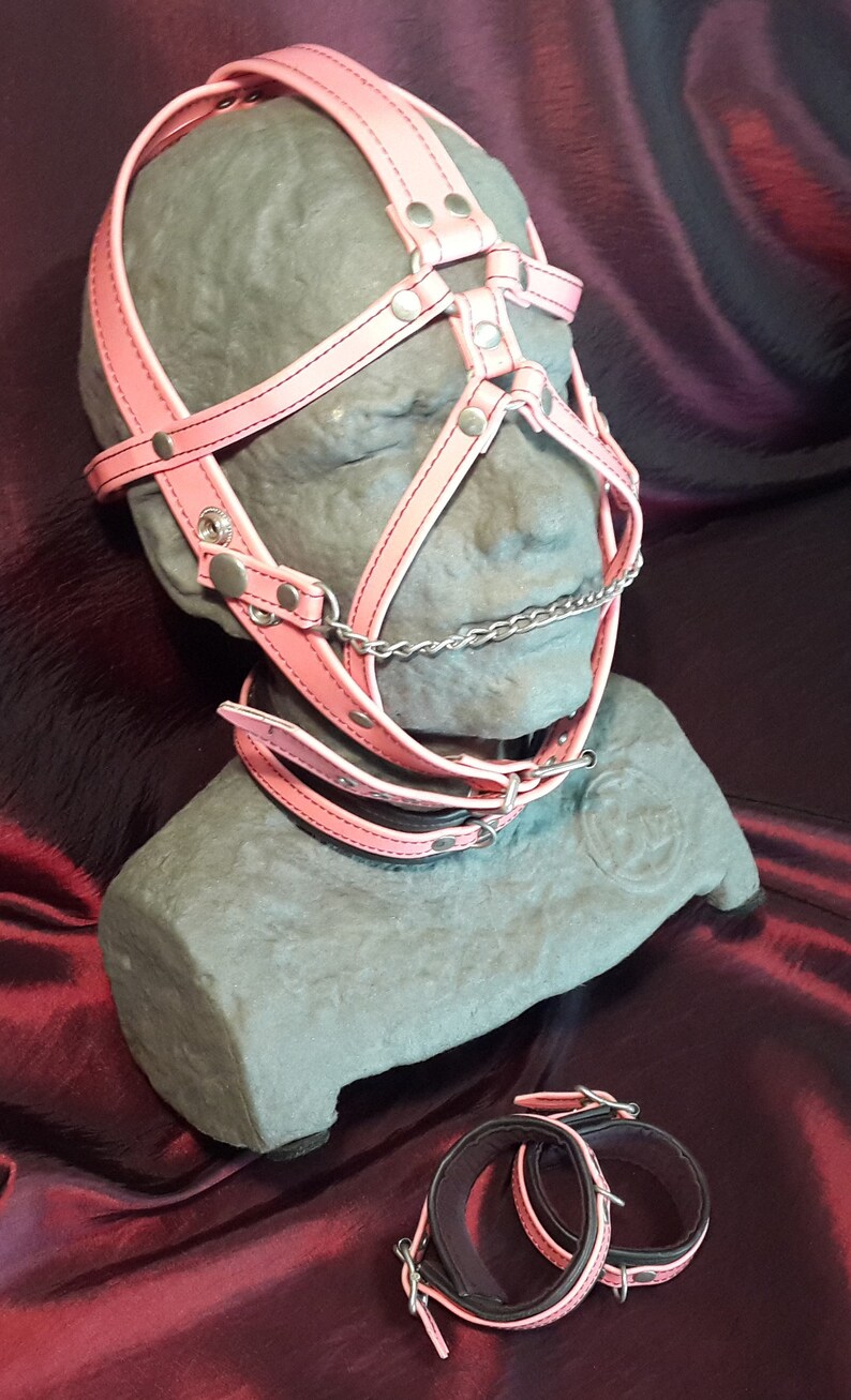 Pink Head Harness with chain Gag and Slave Collar Set. | Etsy