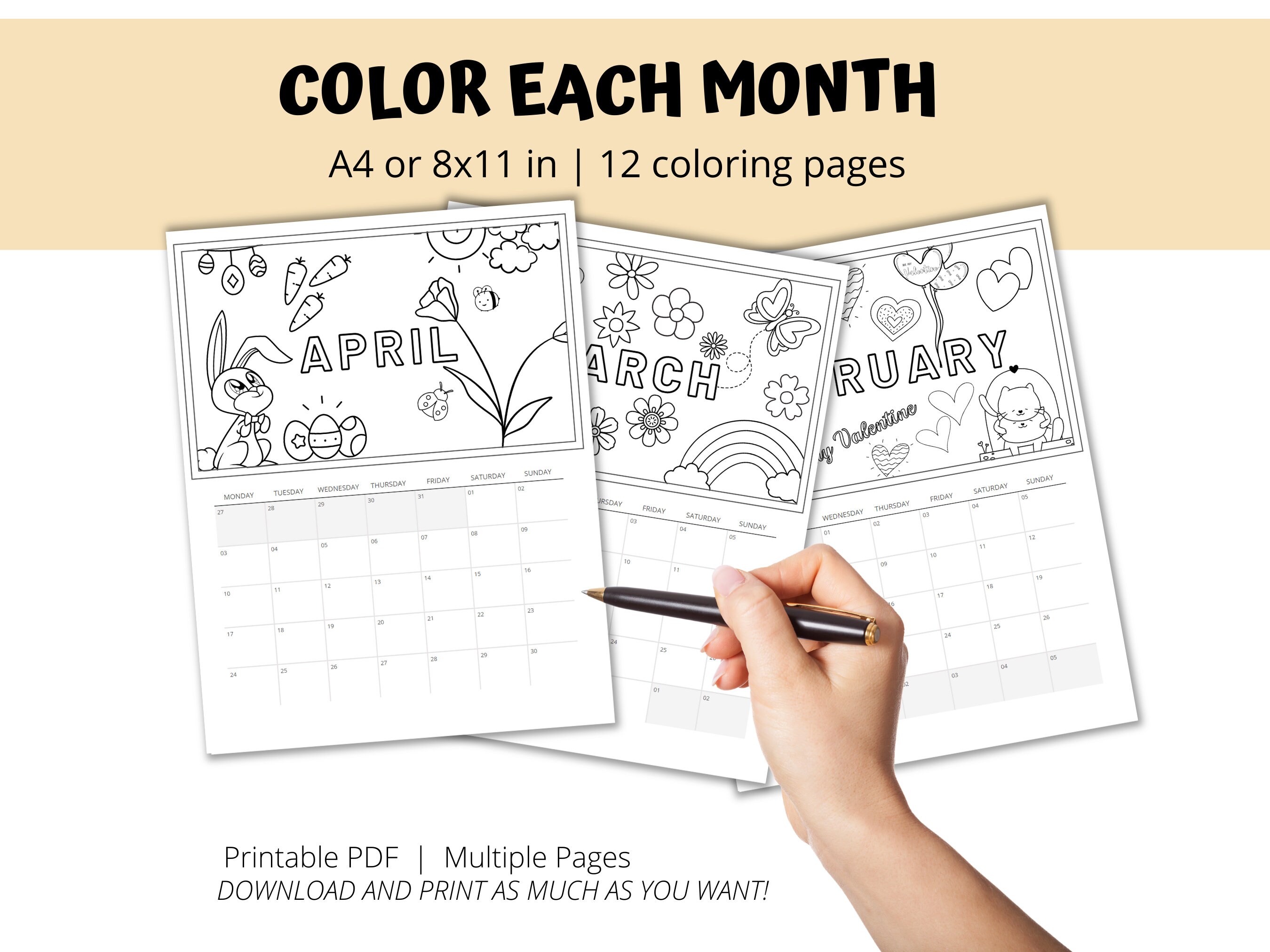 Printable Coloring Calendar 2024. Color Each Month. Pages With - Etsy