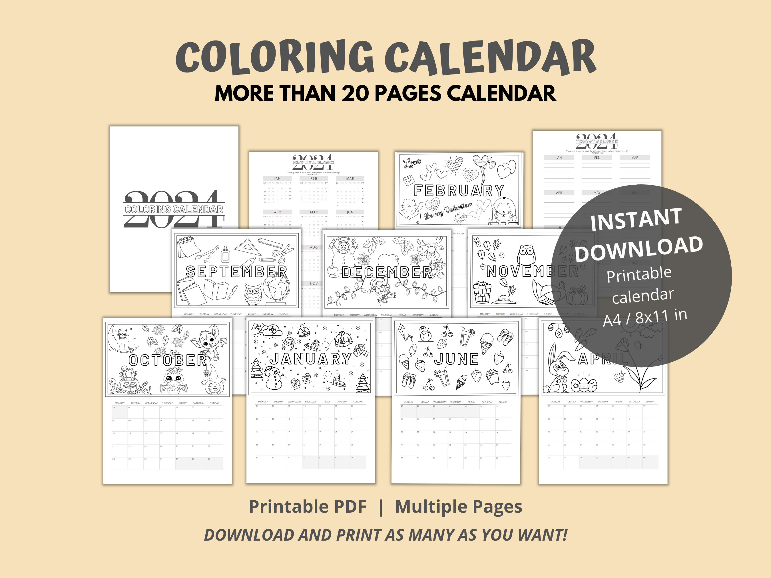 Printable Coloring Calendar 2024. Color Each Month. Pages With - Etsy
