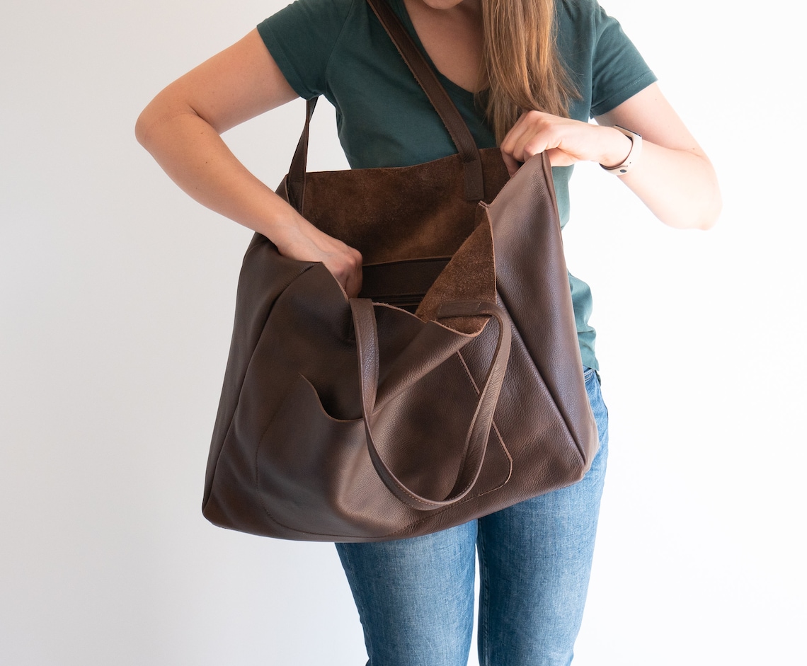 Dark BROWN OVERSIZE SHOPPER Bag Leather Shopper Large Tote | Etsy