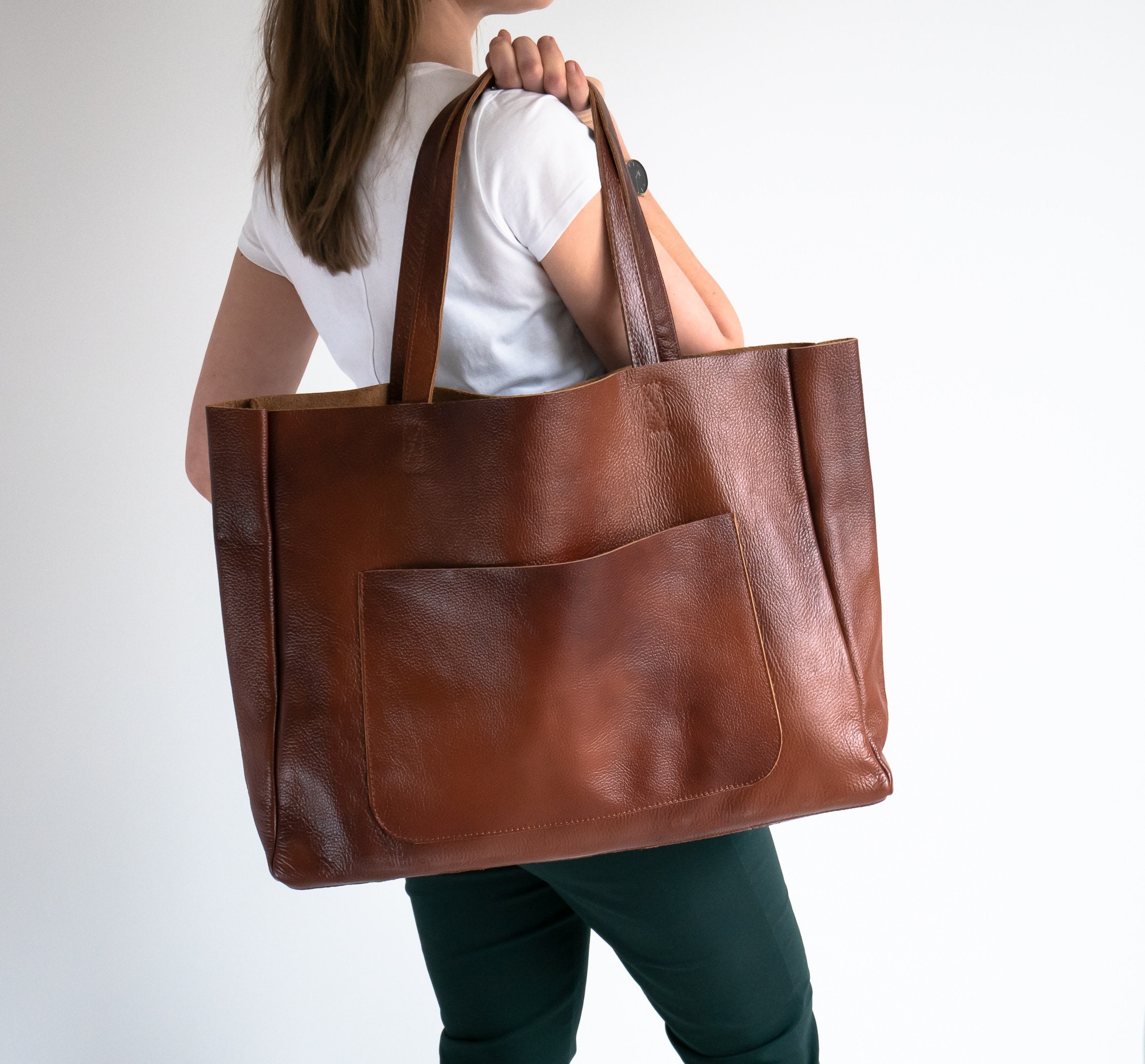Cognac Brown OVERSIZE SHOPPER Bag Leather Shopper Large Tote - Etsy