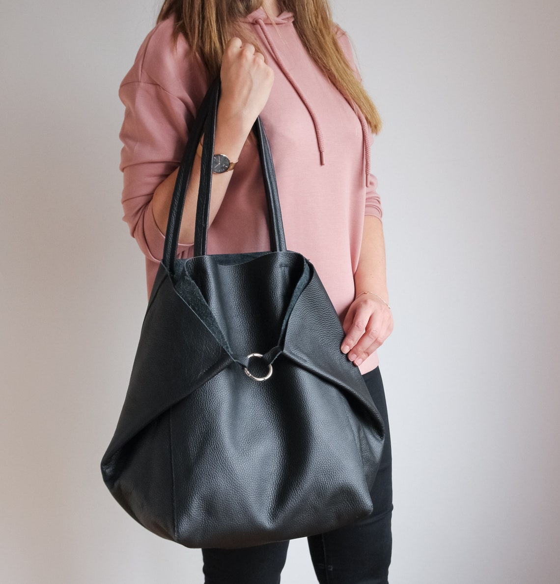 Black OVERSIZE SHOPPER Bag Large Leather Tote Bag Big - Etsy