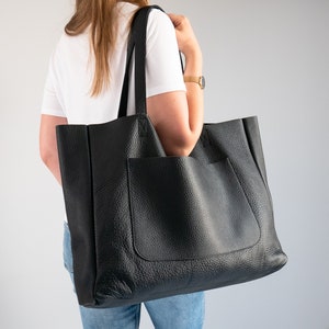 BLACK OVERSIZE SHOPPER Bag, Black Leather Shopper, Large Tote Bag ...
