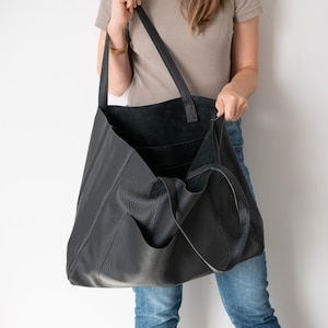 BLACK OVERSIZE SHOPPER Bag, Black Leather Shopper, Large Tote Bag ...