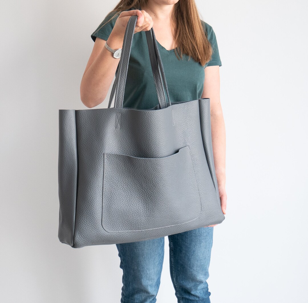Gray OVERSIZE SHOPPER Bag, DARK Gray Leather Shopper, Large Tote ...