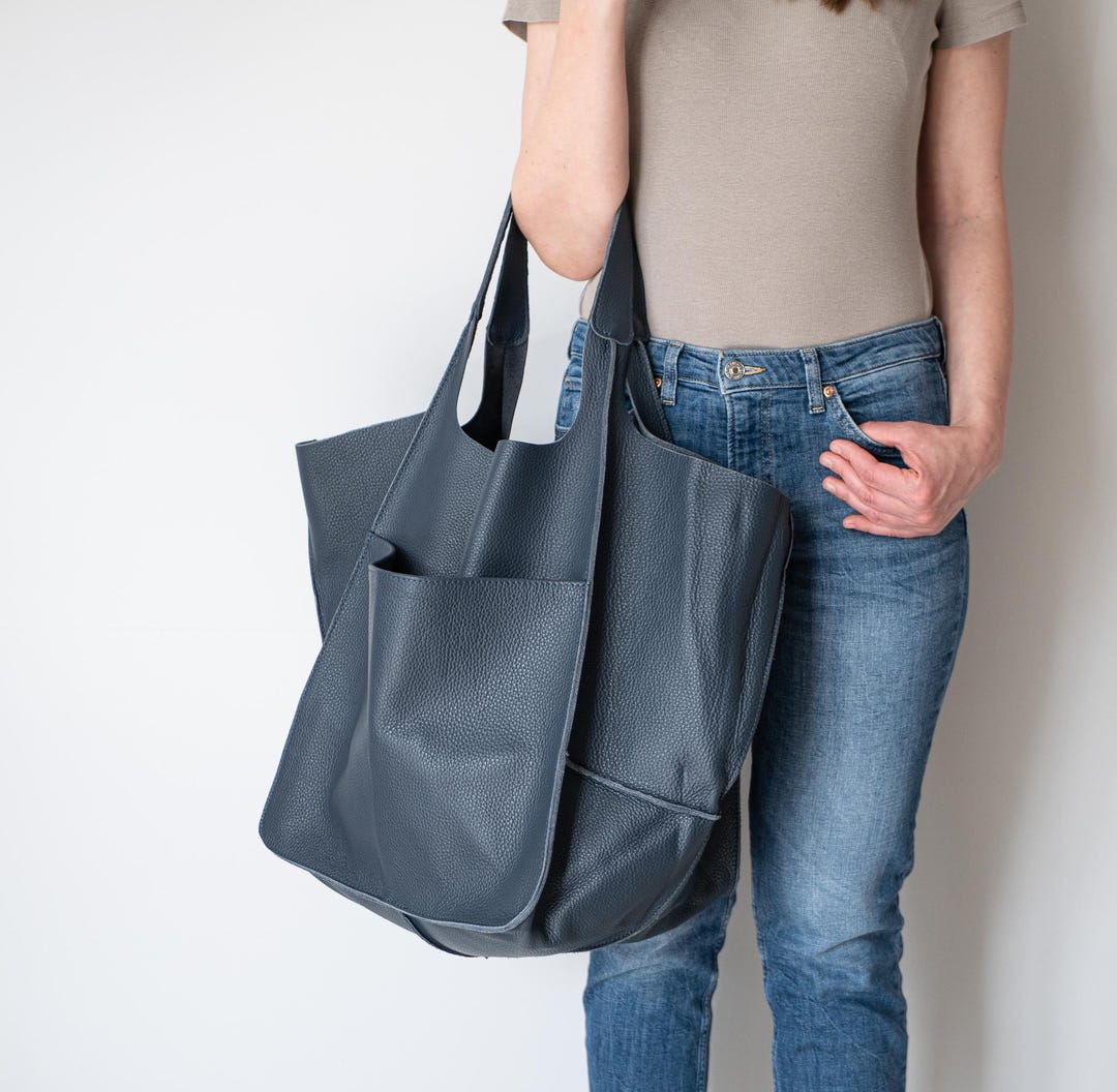 Navy Blue Leather Hobo Bag, Oversized Slouchy Tote, Large Shoulder Bag, Pebbled Leather Everyday ...