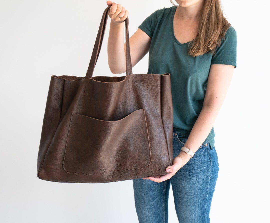 Dark BROWN OVERSIZE SHOPPER Bag, Leather Shopper, Large Tote Bag ...