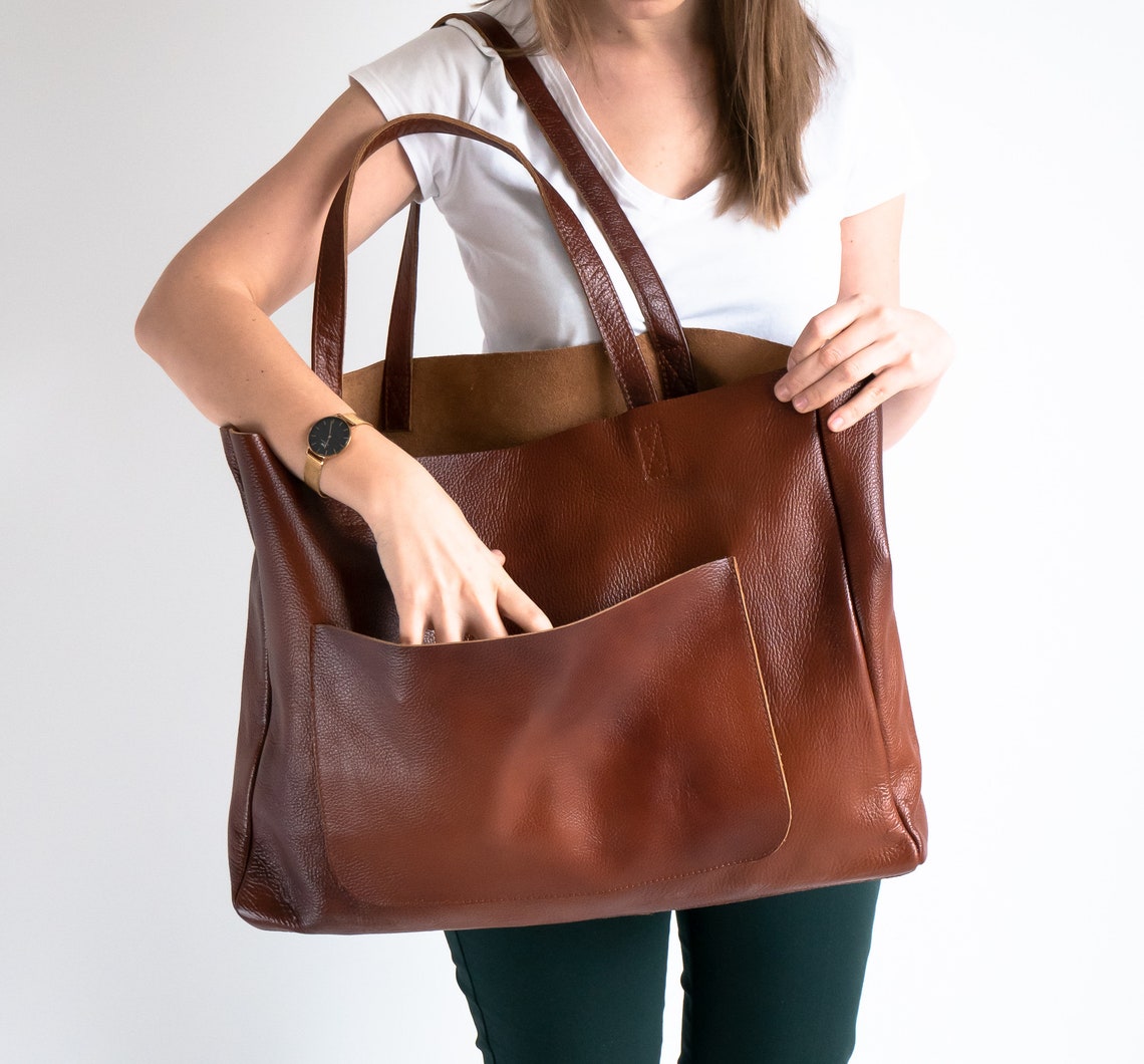 BIG SHOULDER BAG Cognac Brown Leather Bag Large Leather - Etsy