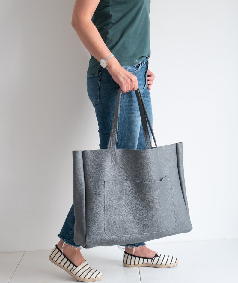 Gray OVERSIZE SHOPPER Bag, DARK Gray Leather Shopper, Large Tote ...