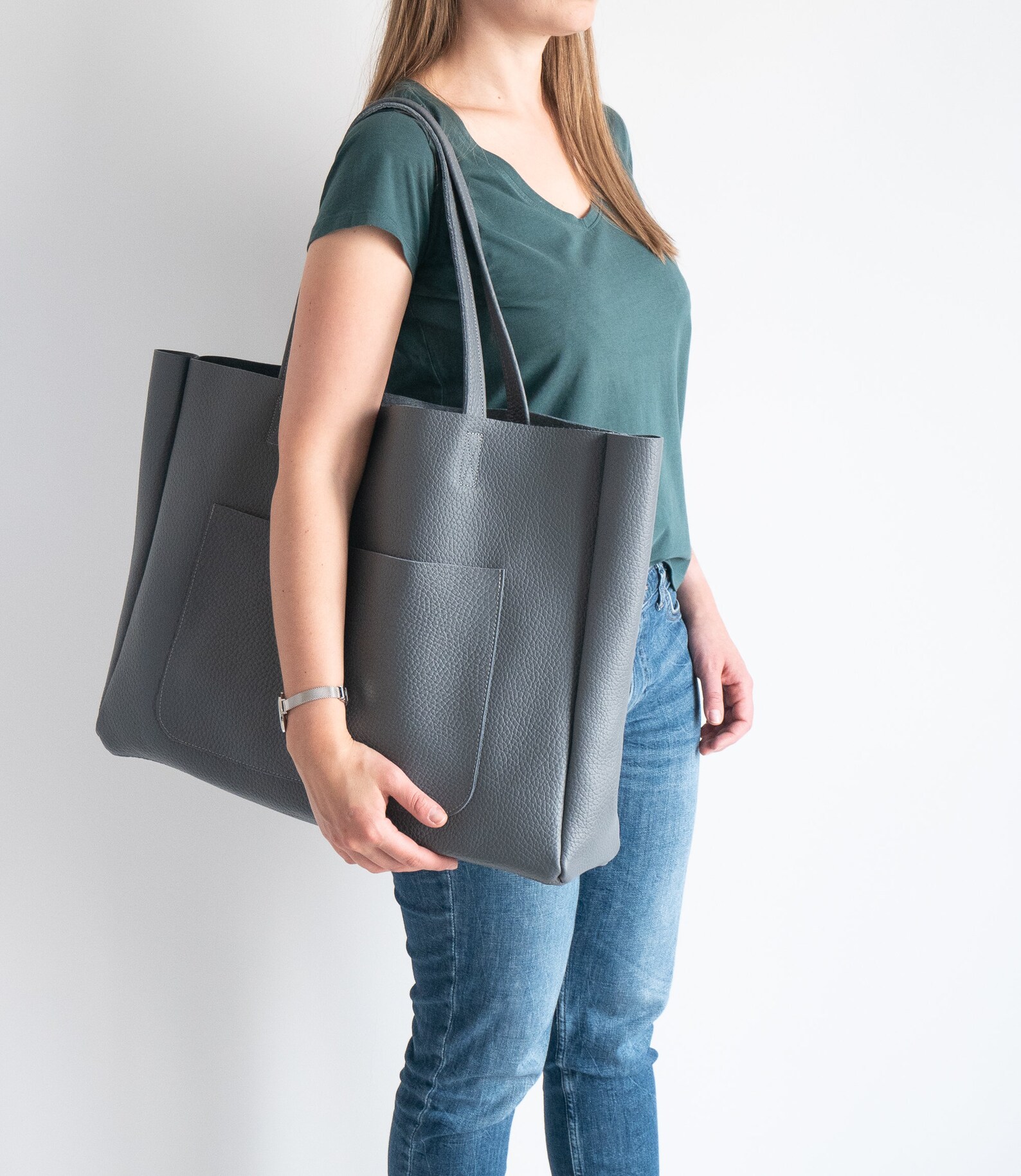 Gray OVERSIZE SHOPPER Bag, DARK Gray Leather Shopper, Large Tote ...