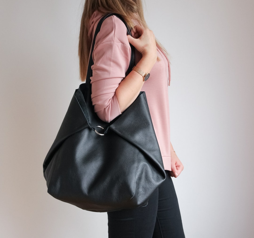 Black OVERSIZE SHOPPER Bag Large Leather Tote Bag Big Shoulder Bag ...