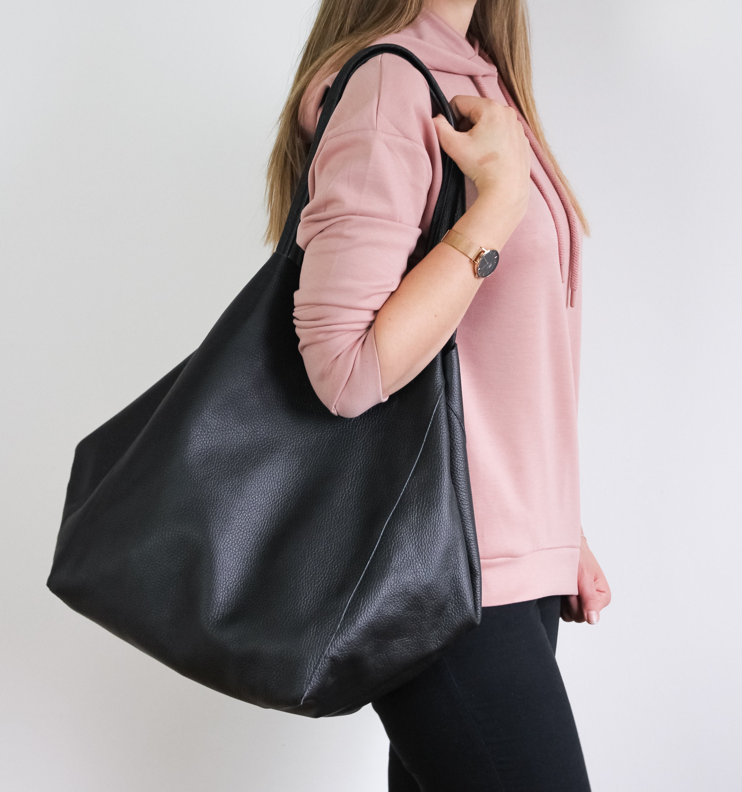 Black OVERSIZE SHOPPER Bag Large Leather Tote Bag Big - Etsy