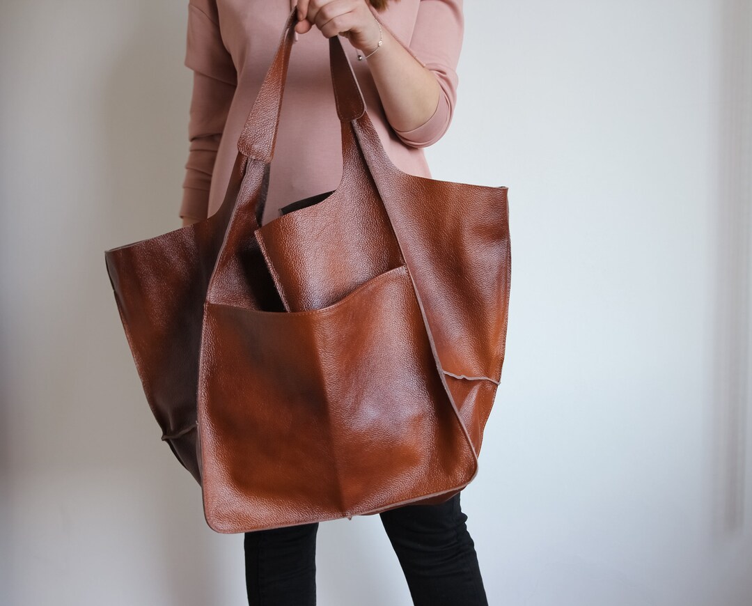 COGNAC LEATHER TOTE Bag, Cognac Brown Handbag for Women, Everyday Bag ...