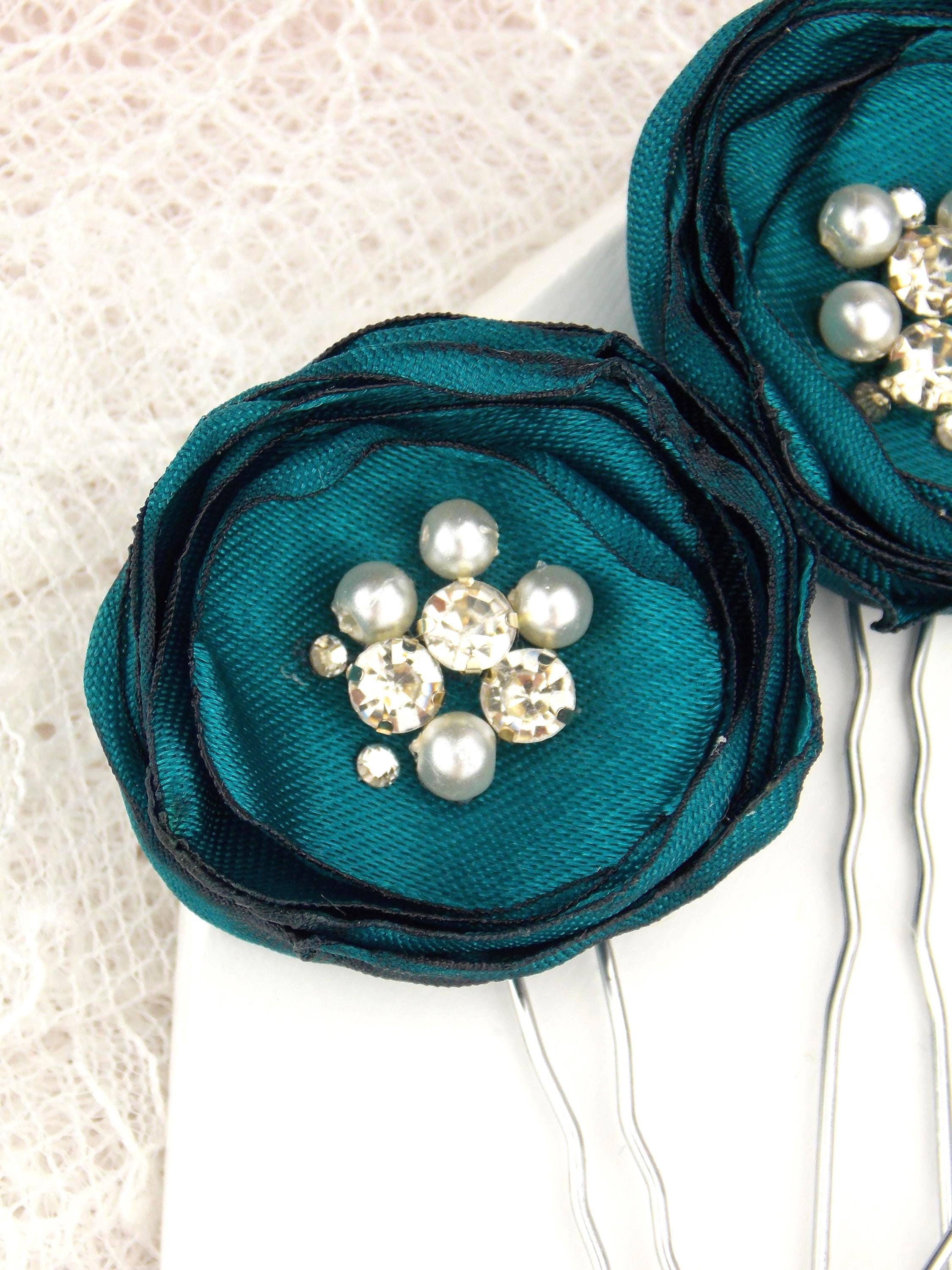 Teal Flower Pins SET of 3 Wedding Hair Jewelry Teal Wedding Hair Flower ...