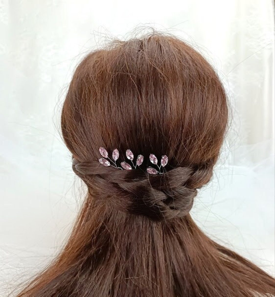 Pink Crystal Bridal Hair Pins SET Wedding Hair Accessories Flower Girl ...
