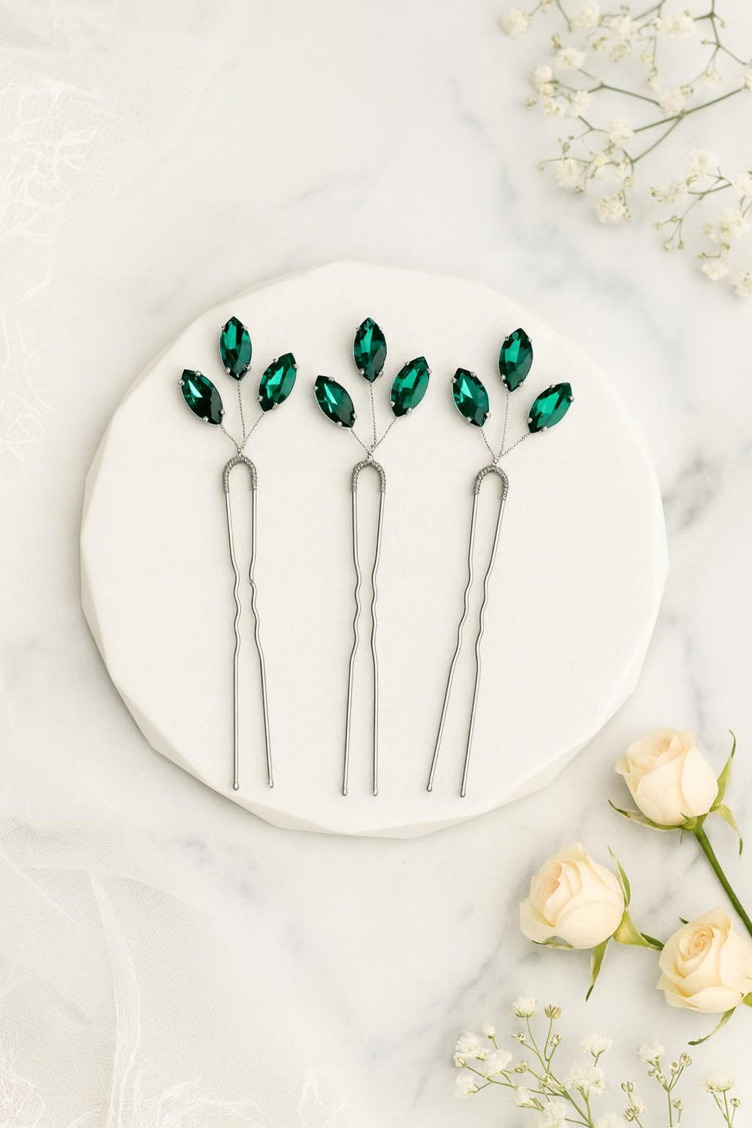 Emerald Green Hair Pins SET of 3 Crystal Hair Accessories Green Bride ...