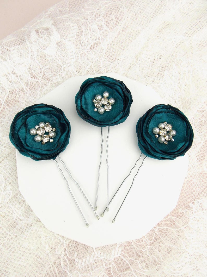 Teal Flower Pins SET of 3 Wedding Hair Jewelry Teal Wedding Hair Flower ...