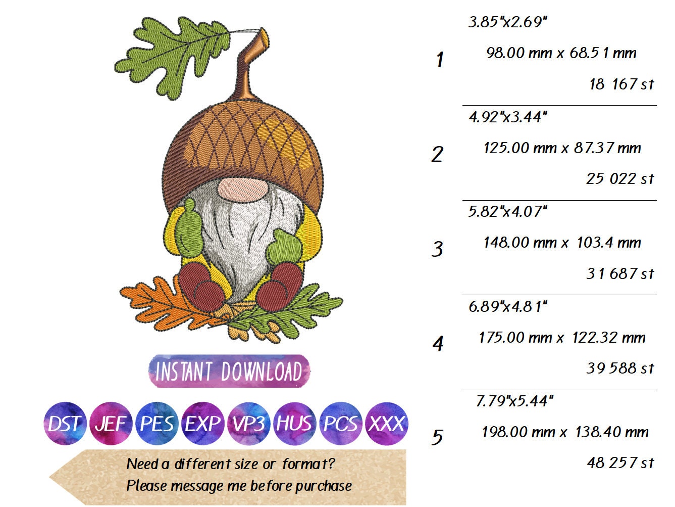 Acorn Gnome Embroidery Design Fall Gnome Embroidery Pattern - Etsy