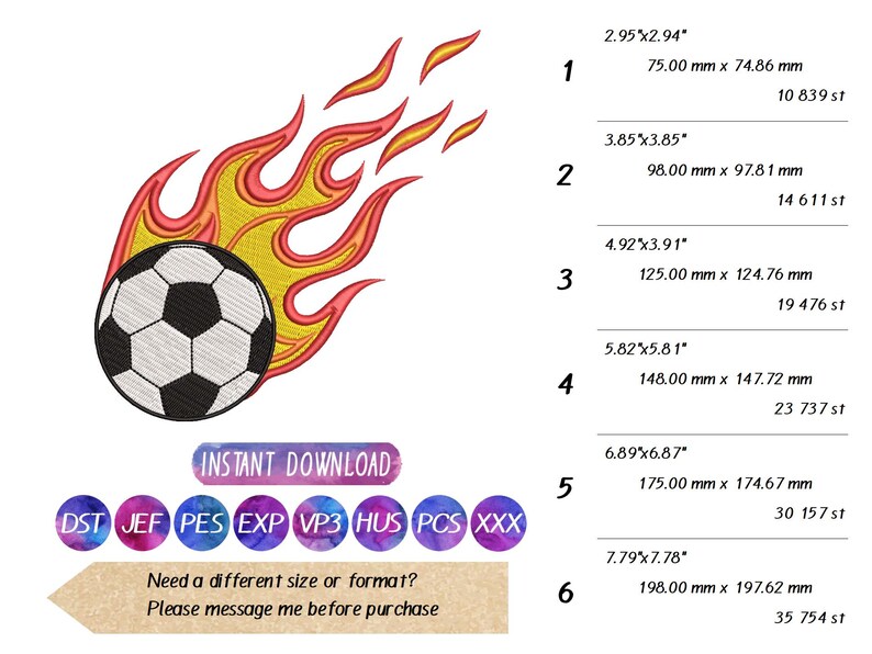 Flaming Soccer Ball Embroidery Design: Sport Ball Machine File (6 Sizes ...