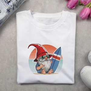 Summer Surfer Gnome Embroidery Design, Shaka Gnome Embroidery Pattern ...