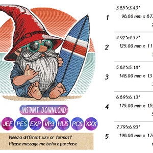 Summer Surfer Gnome Embroidery Design, Shaka Gnome Embroidery Pattern ...