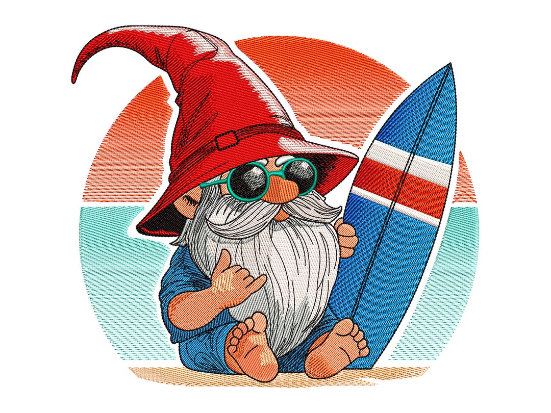 Summer Surfer Gnome Embroidery Design, Shaka Gnome Embroidery Pattern ...