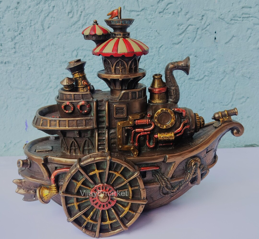 Steampunk Ship Statue, Retro Steam Boat Figurine, Industrial Nautical ...