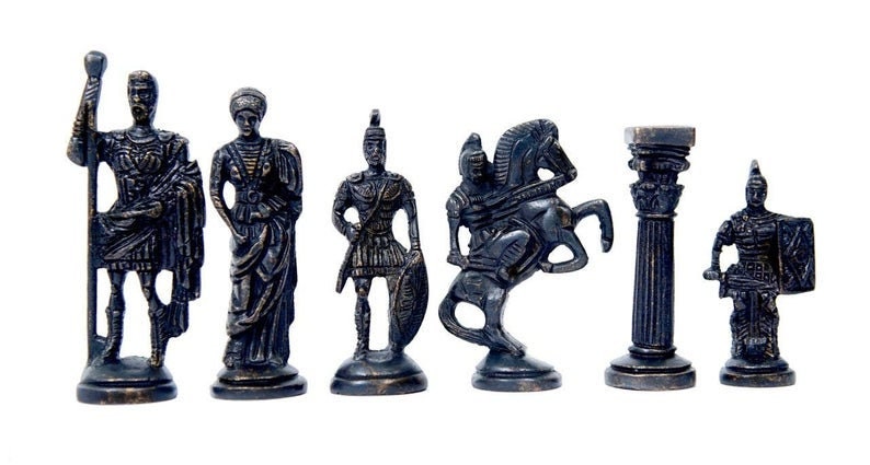 18 Roman Style Wooden Folding Chess Set With Brass Sculpted Pieces in ...