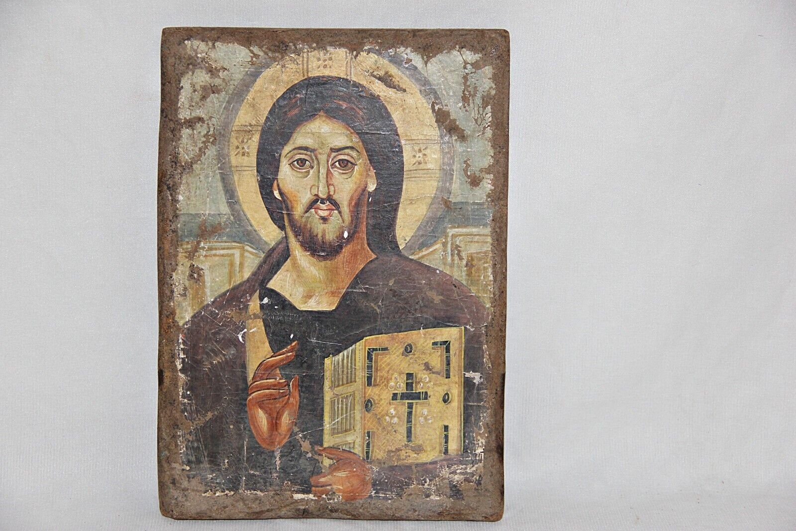 Old Famous Painting of Jesus the Christ With Bible on Wooden Board ...