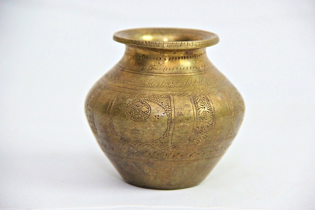 Small Engraved Brass Lota Holy Water Vessel From India - Vintage Ethnic ...