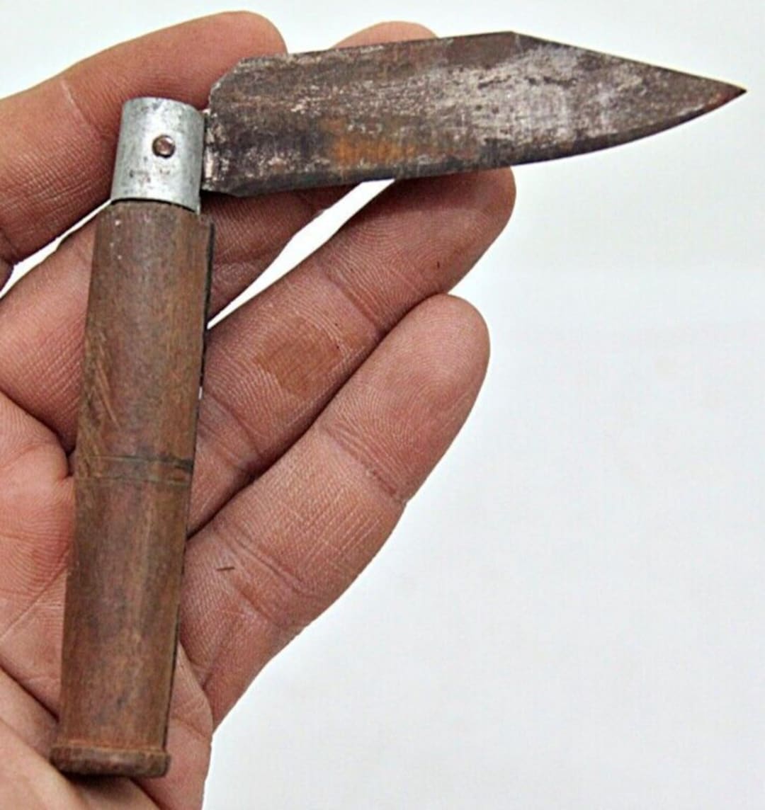 Vintage Indian Folding Knife With Unique Shape, Wooden Handle and Iron ...