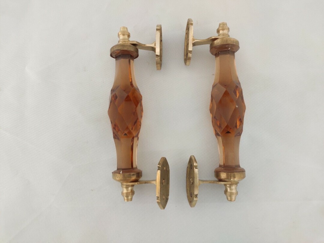 Pair Vntg. Look Brass Amber Color Victorian Cut Glass Pull Push Door ...