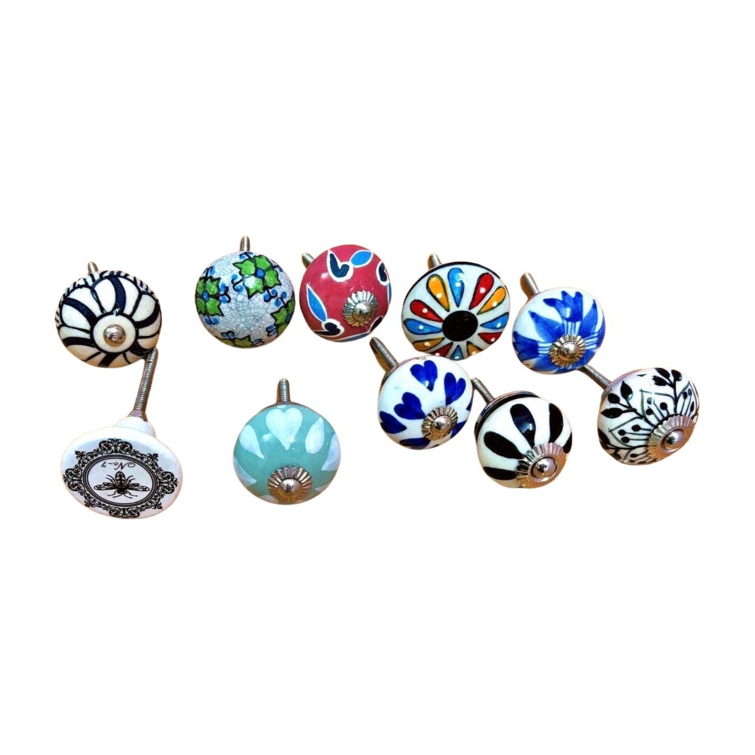 Multi-color Boho Hippie Painted Ceramic Knobs – Assorted Design Drawer Pull Handles, Polished ...