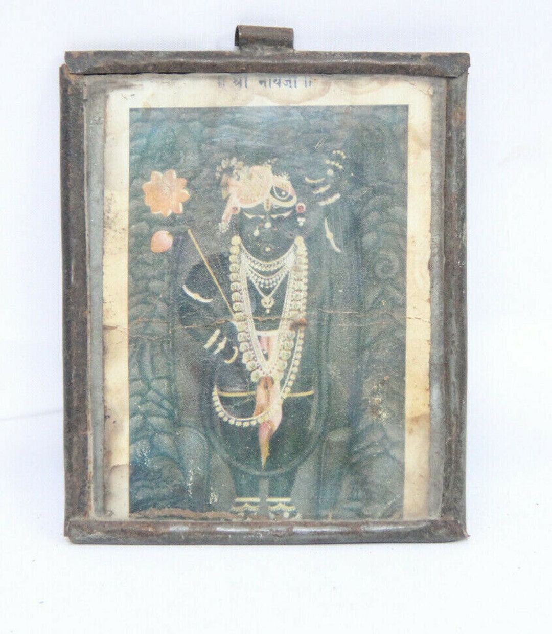 Old Vintage Litho of Hindu Krishna Shrinath Ji, Framed in Tin, Antique ...