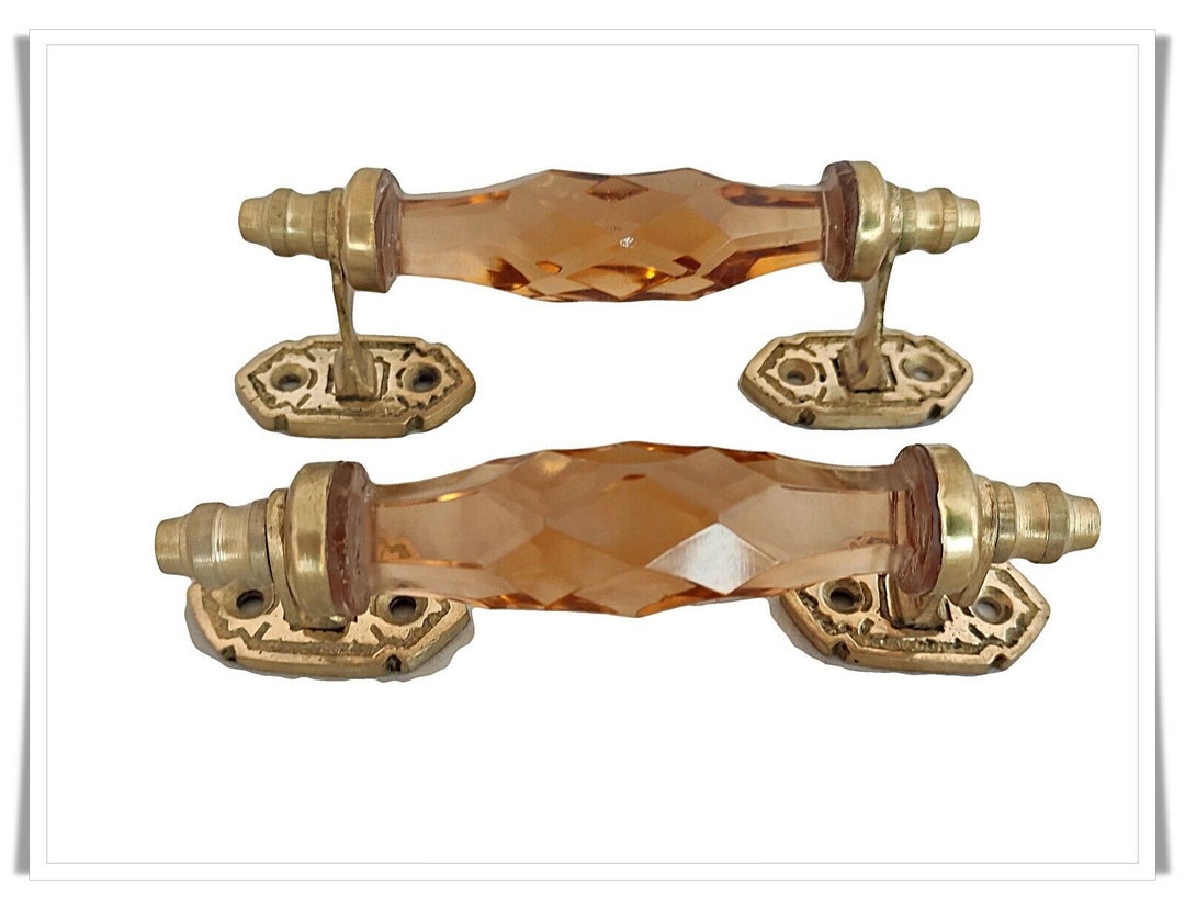 Vintage Look Victorian Amber Cut Glass Brass Door Handle Pair 4 Antique ...