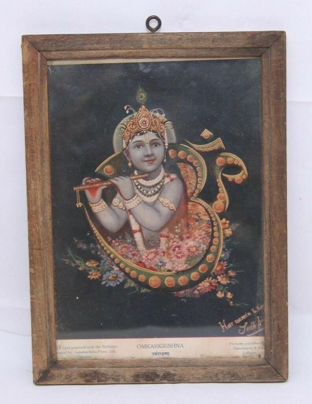 Rare Vintage Hindu Lord Shri Omkar Krishna Playing Flute Litho Print ...