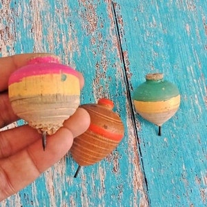 Traditional Indian Lattu Game Set of 3 Vintage Hand-painted Wooden ...