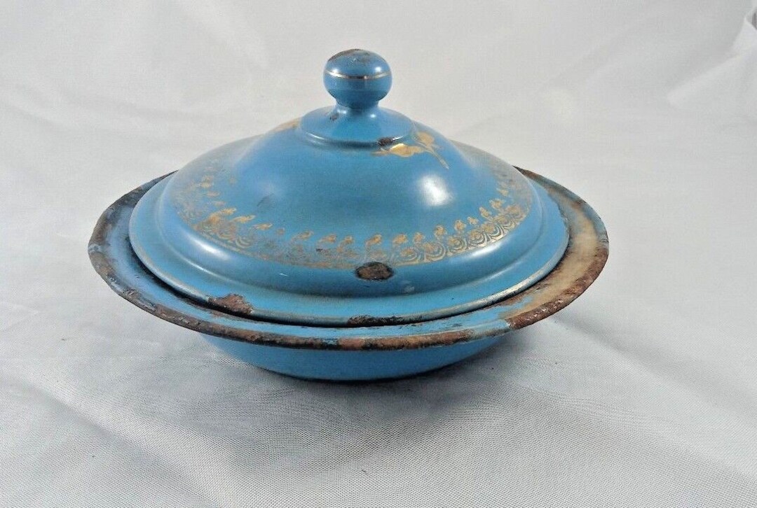 1950 Rare Blue Porcelain Enamel Bowl With Lid, Vintage Metal Round Dish ...