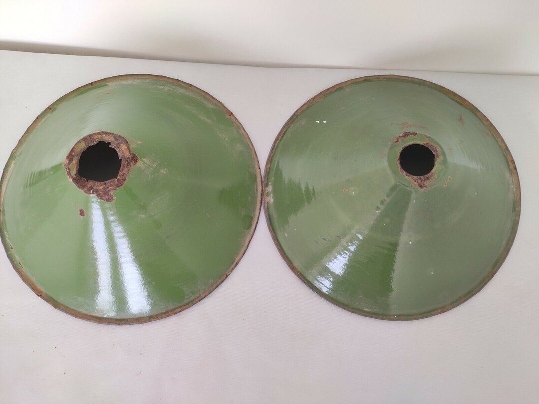Vintage Green Enamel Lamp Shades: Pair of Industrial Farmhouse Lighting ...